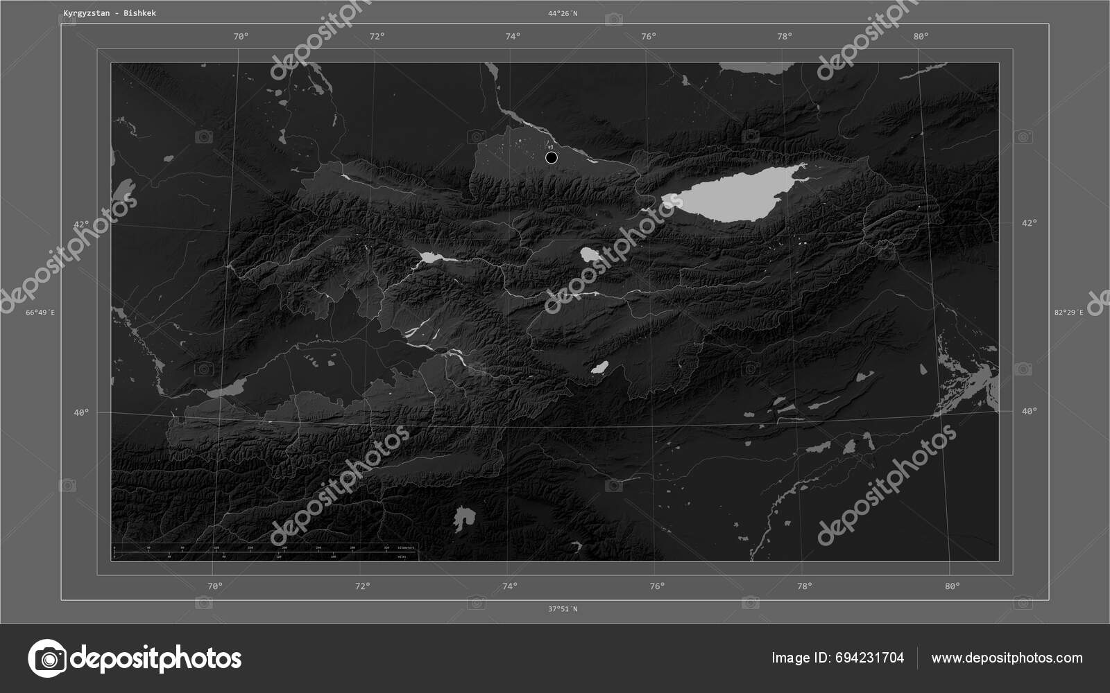 Kyrgyzstan Highlighted Grayscale Elevation Map Lakes Rivers Map Country's Capital Stock Photo by ...