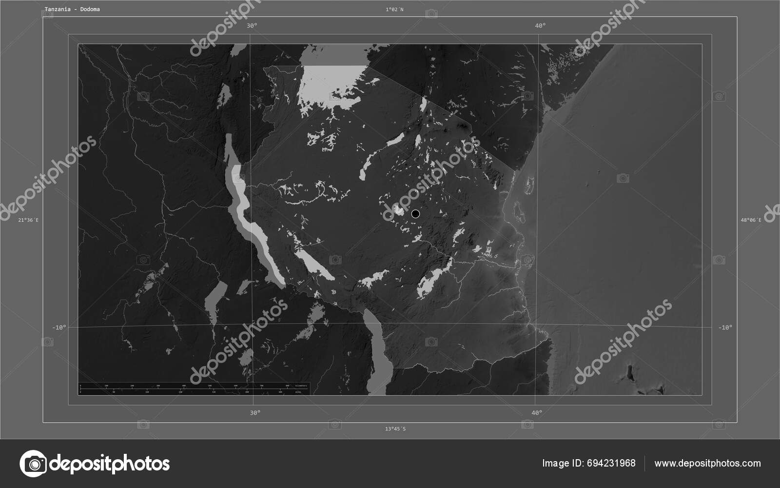 Tanzania Highlighted Grayscale Elevation Map Lakes Rivers Map Country's Capital Stock Photo by ...