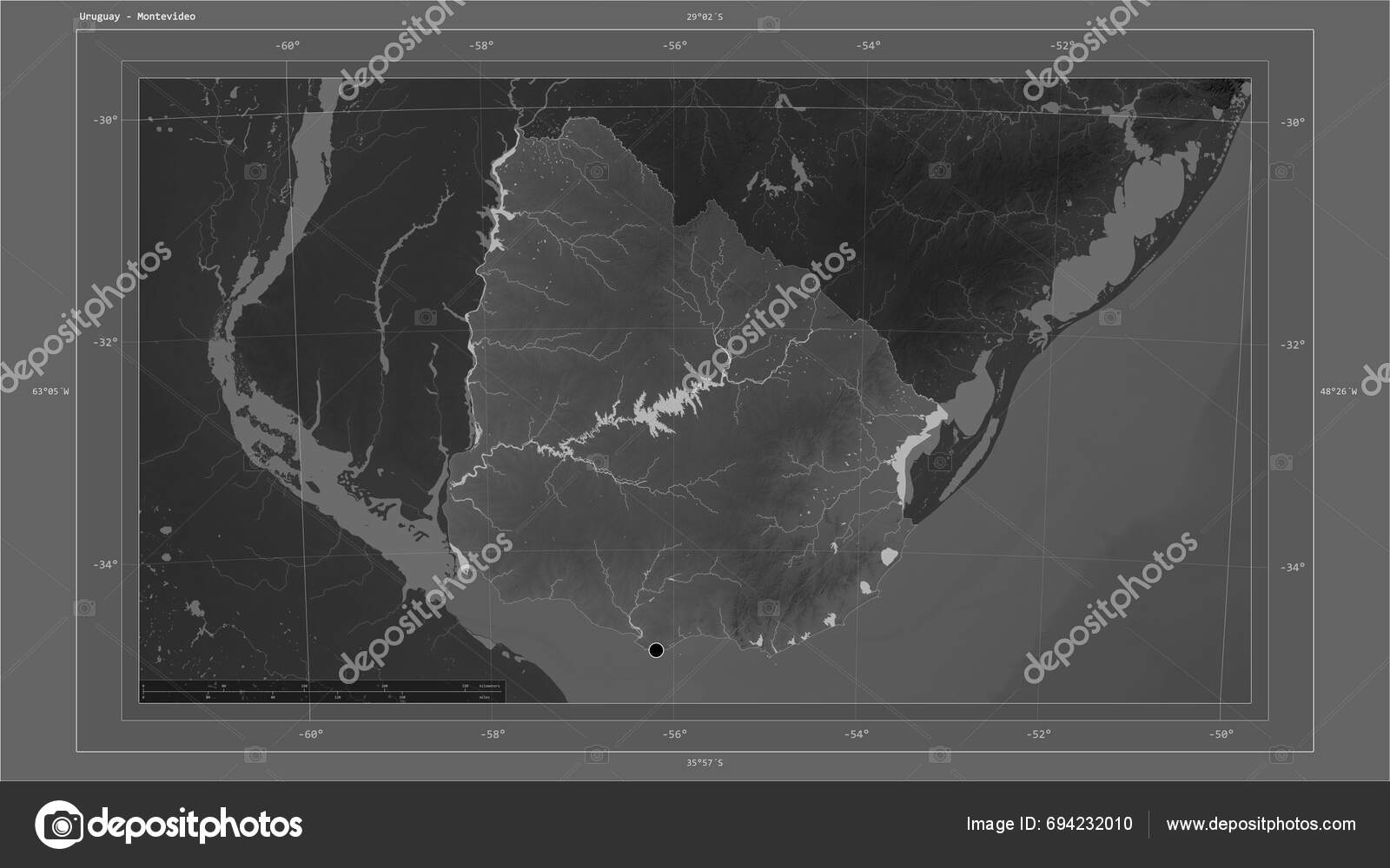 Uruguay Highlighted Grayscale Elevation Map Lakes Rivers Map Country's ...