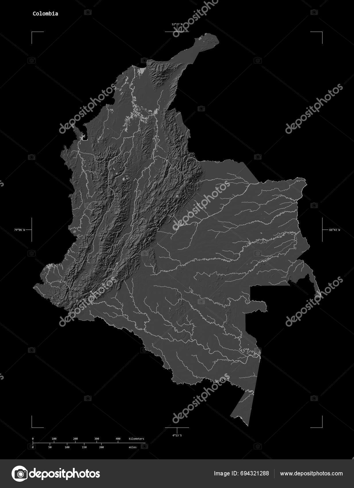 Shape Bilevel Elevation Map Lakes Rivers Colombia Distance Scale Map ...