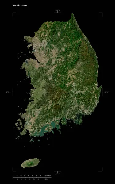 Forma de un mapa satelital de baja resolución de Corea del Sur, con coordenadas fronterizas de ...