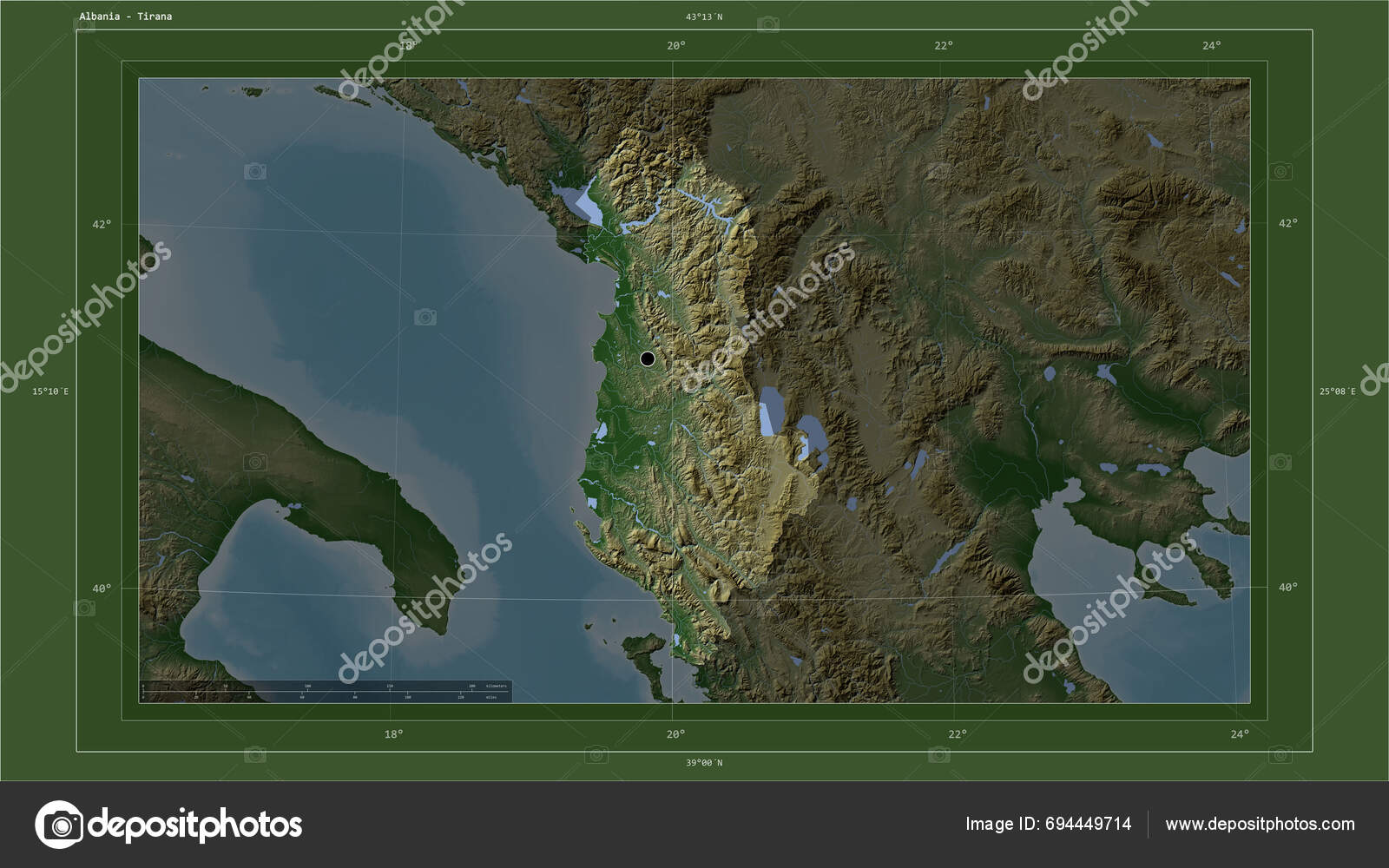Albania Highlighted Pale Colored Elevation Map Lakes Rivers Map Country's — Stock Photo ...
