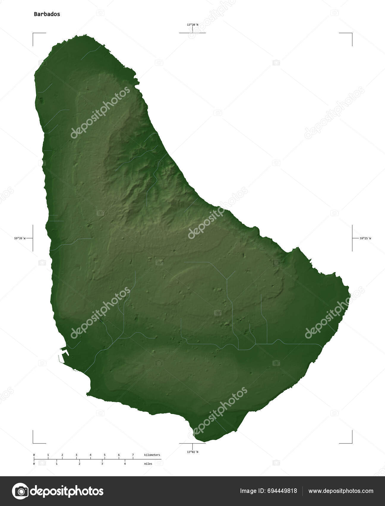 Shape Pale Colored Elevation Map Lakes Rivers Barbados Distance Scale ...
