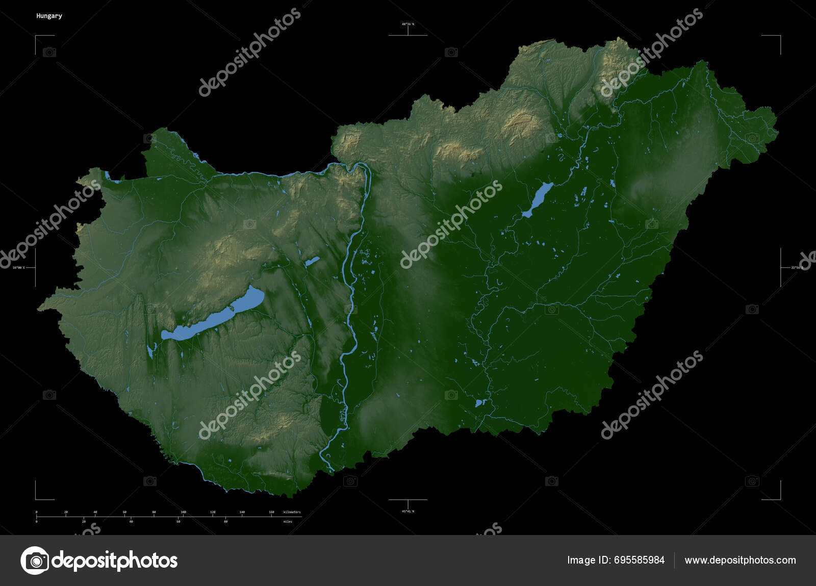 Shape Colored Elevation Map Lakes Rivers Hungary Distance Scale Map ...