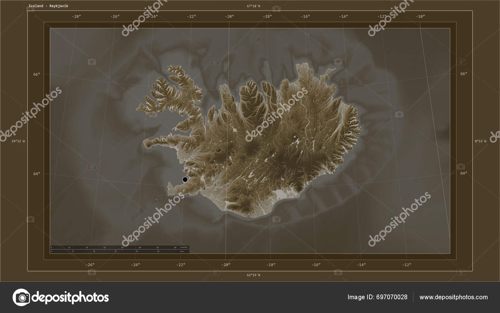 Iceland Highlighted Elevation Map Colored Sepia Tones Lakes Rivers Map ...