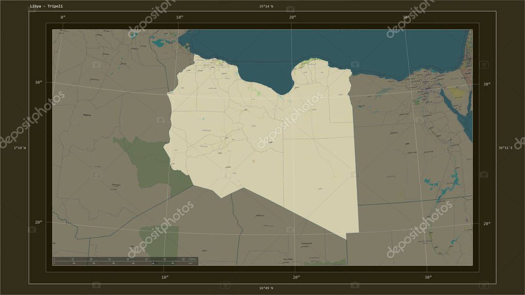 Libia destaca en un mapa topográfico de estilo humanitario OSM con el ...