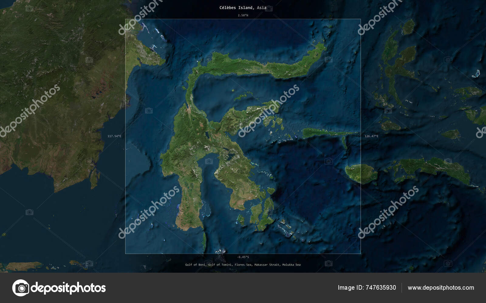 Celebes Island Java Sea Belonging Indonesia Described Highlighted Satellite Image — Stock Photo ...