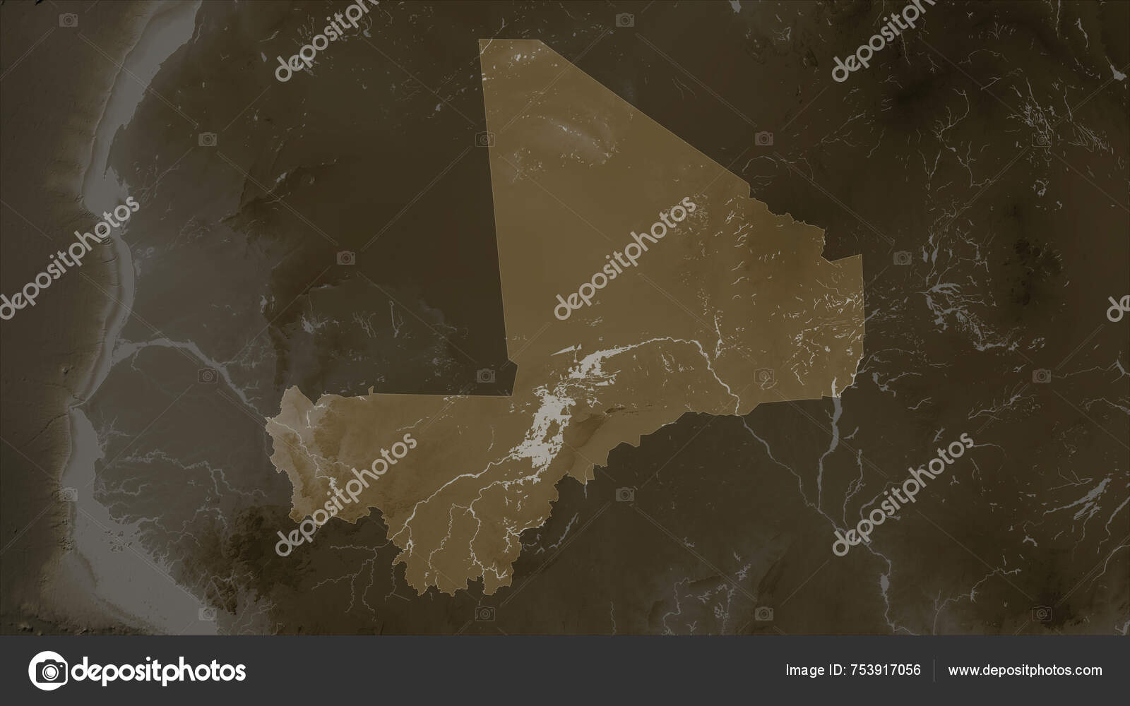 Mali Highlighted Elevation Map Colored Sepia Tones Lakes Rivers — Stock Photo © zelwanka #753917056