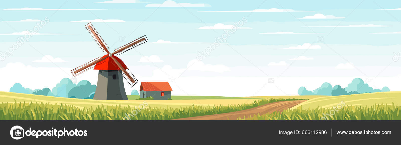 Bidang Gandum Dengan Vektor Kincir Angin Sederhana Ilustrasi Terisolasi ...