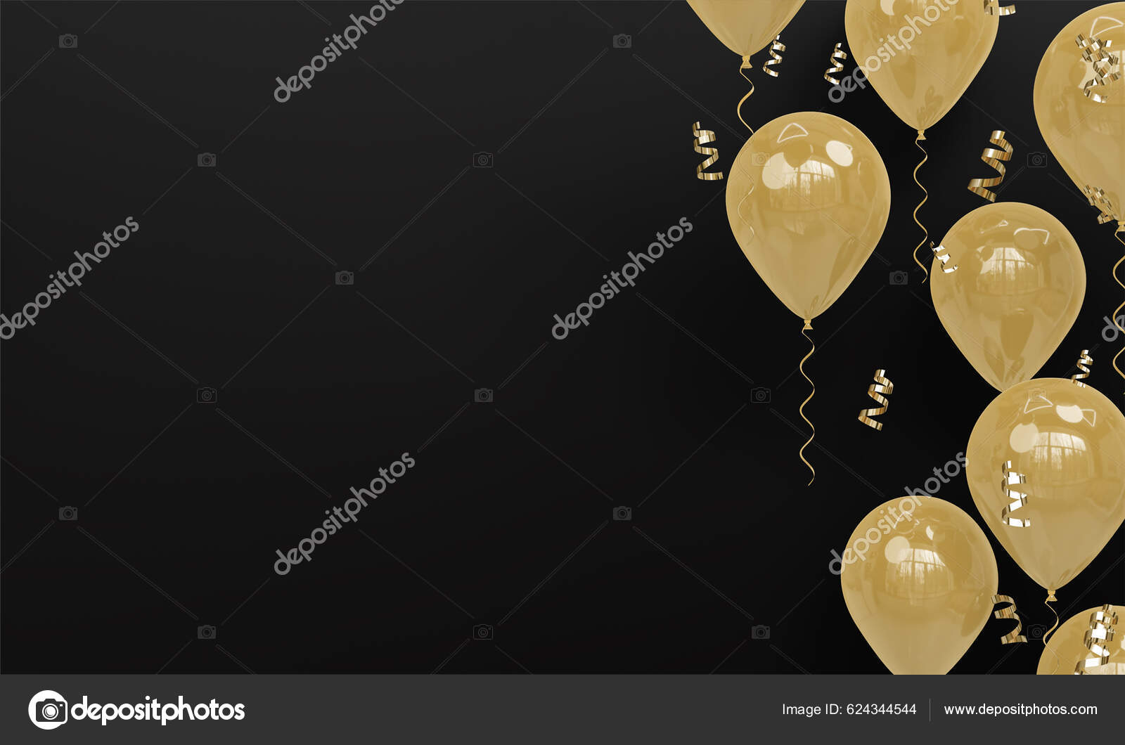 Black Background Realistic Gold Balloons Celebration Render — Stock ...