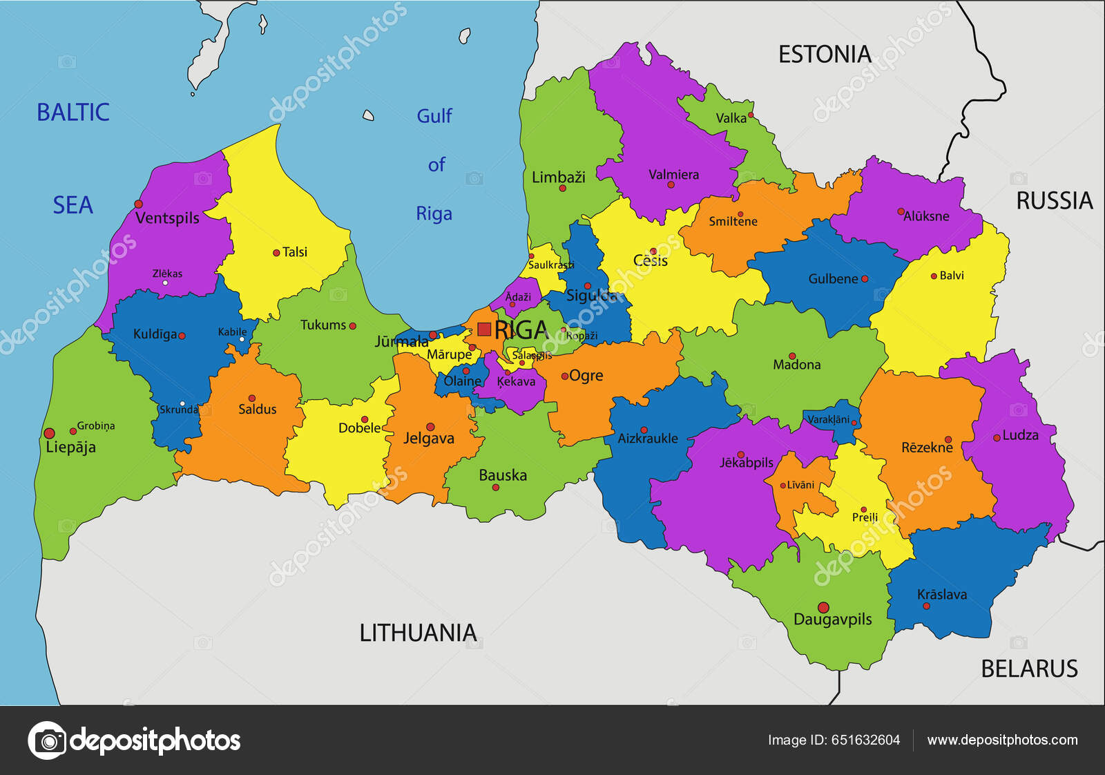 Barevná Lotyšská Politická Mapa Jasně Označenými Oddělenými Vrstvami ...