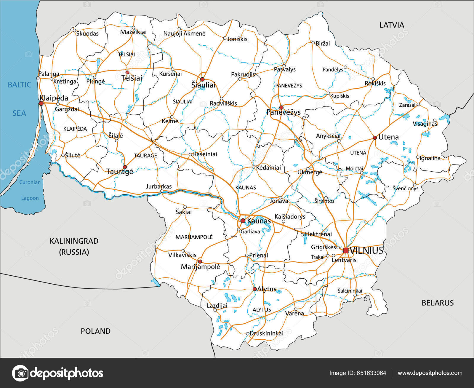 Mapa Ruta Detallado Lituania Con Etiquetado Vector de stock por ...