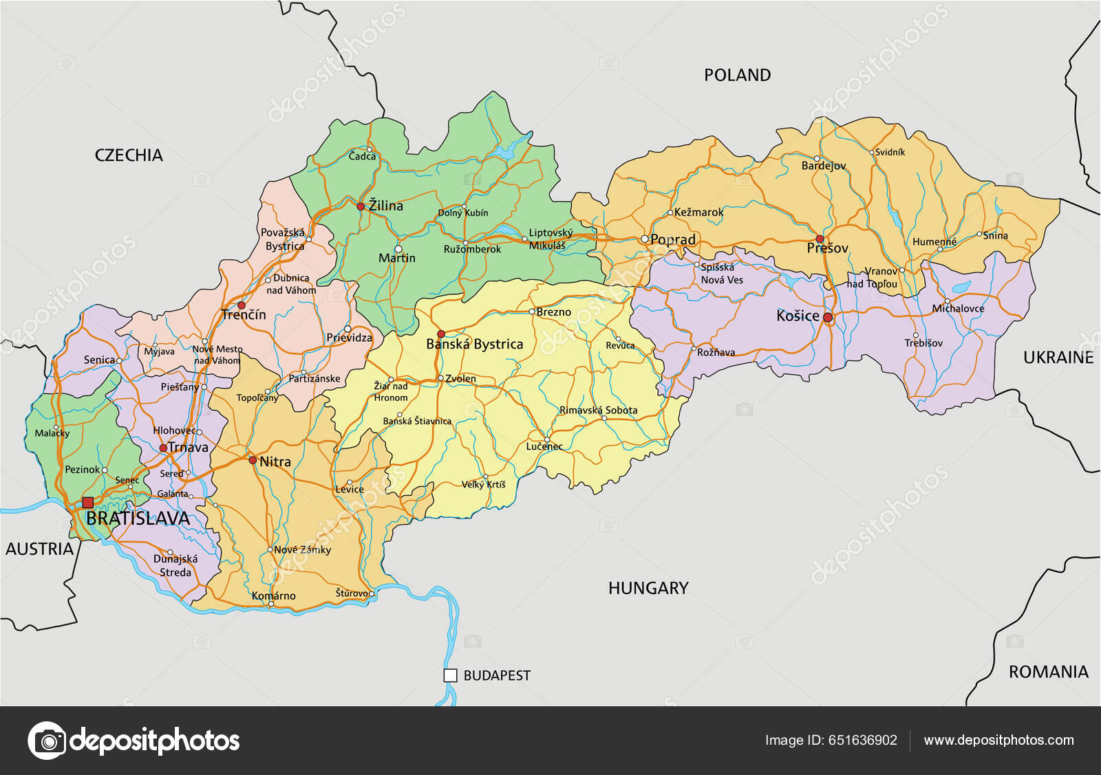 Slovensko Vysoce Podrobná Upravitelná Politická Mapa Označením Stock Vector od © delpieroo 651636902
