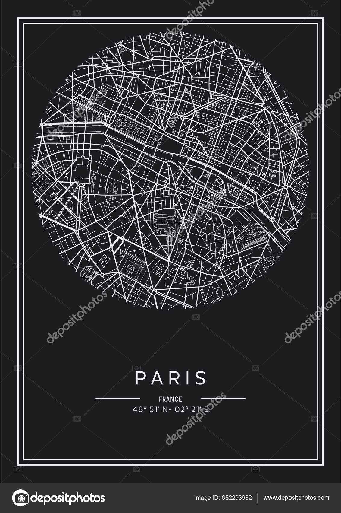 Black White Printable Paris City Map Poster Design Vector Illistration ...