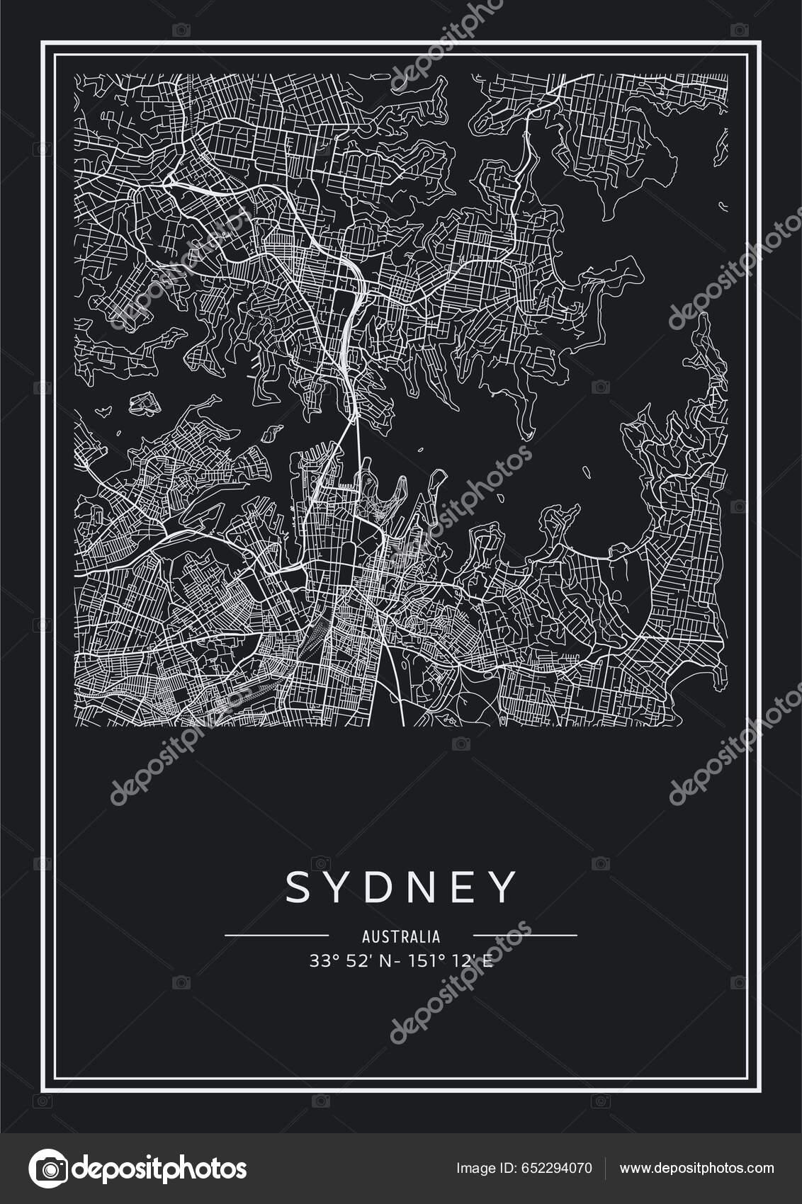Black White Printable Sydney City Map Poster Design Vector Illistration ...