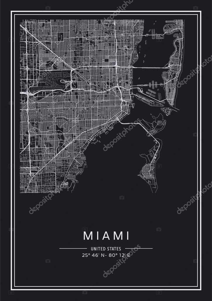 Mapa de Miami imprimible en blanco y negro, diseño de póster, vector ...
