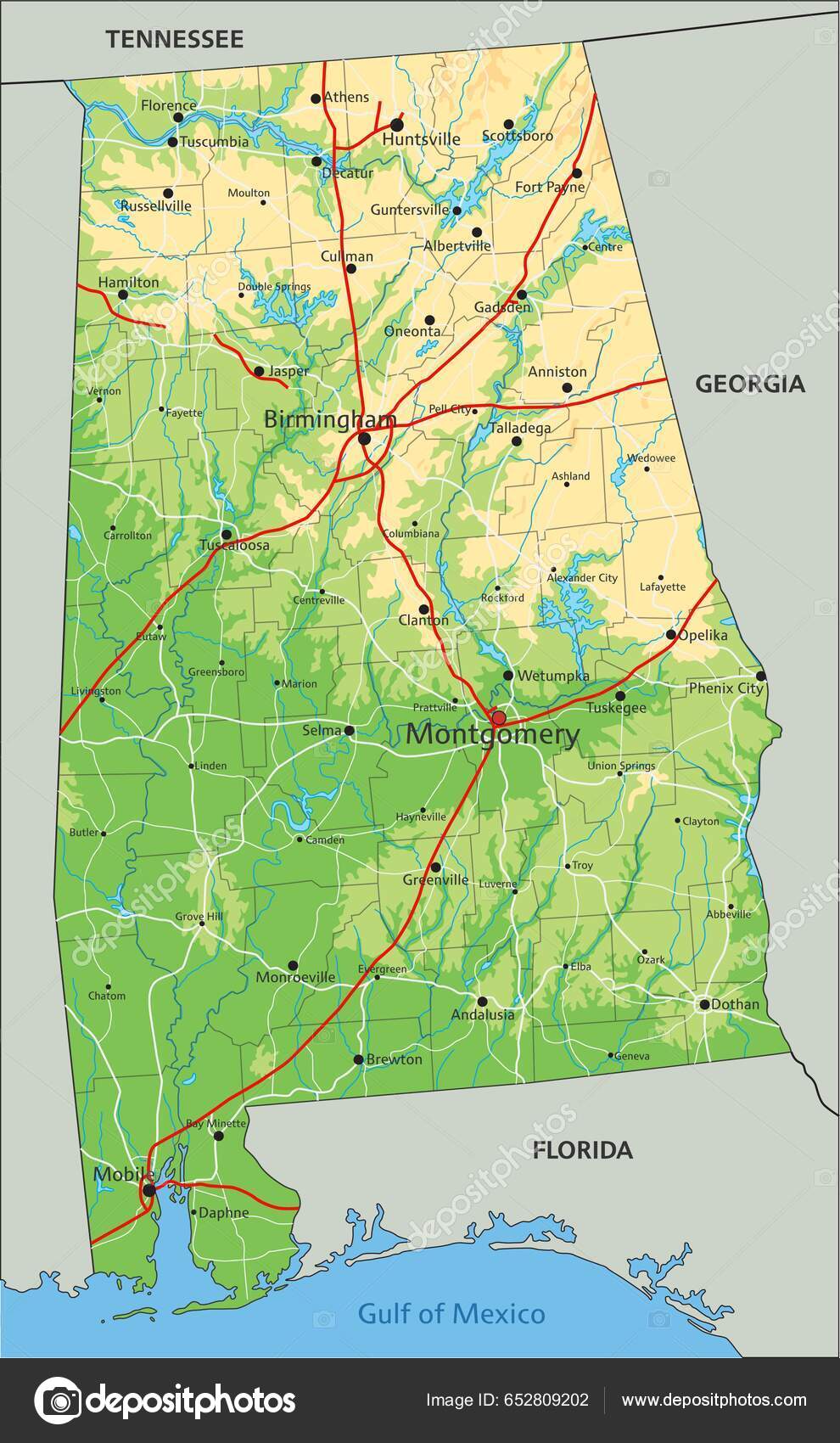 High Detailed Alabama Physical Map Labeling Stock Vector by ©delpieroo ...