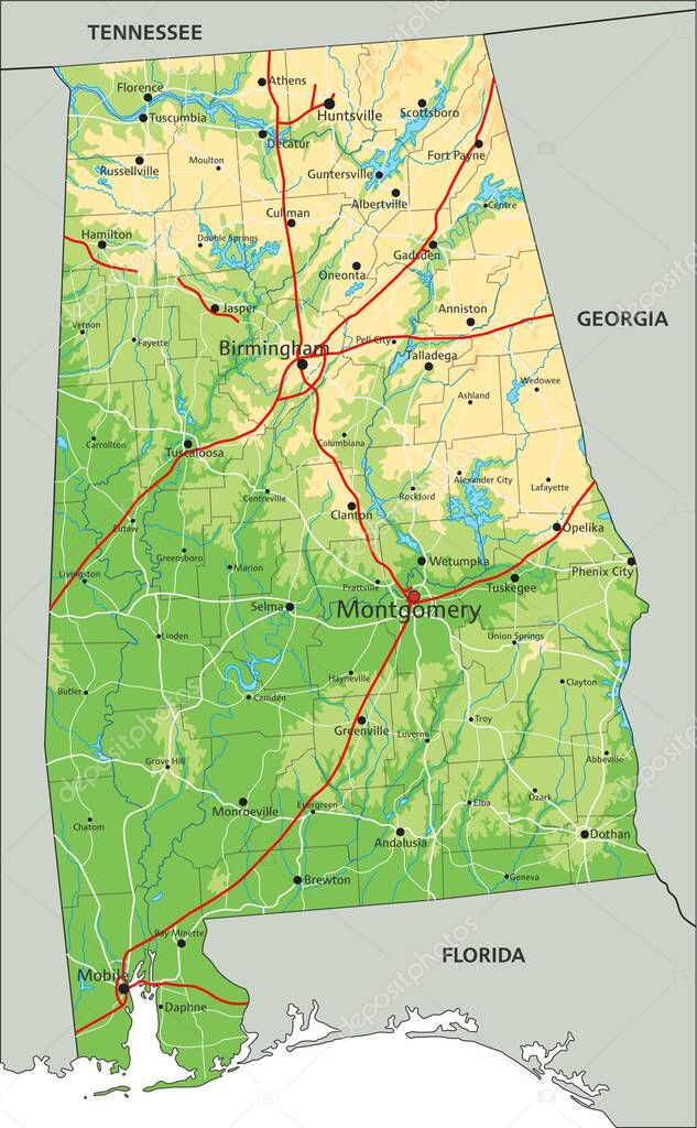 Alto mapa físico detallado de Alabama con etiquetado. 2023