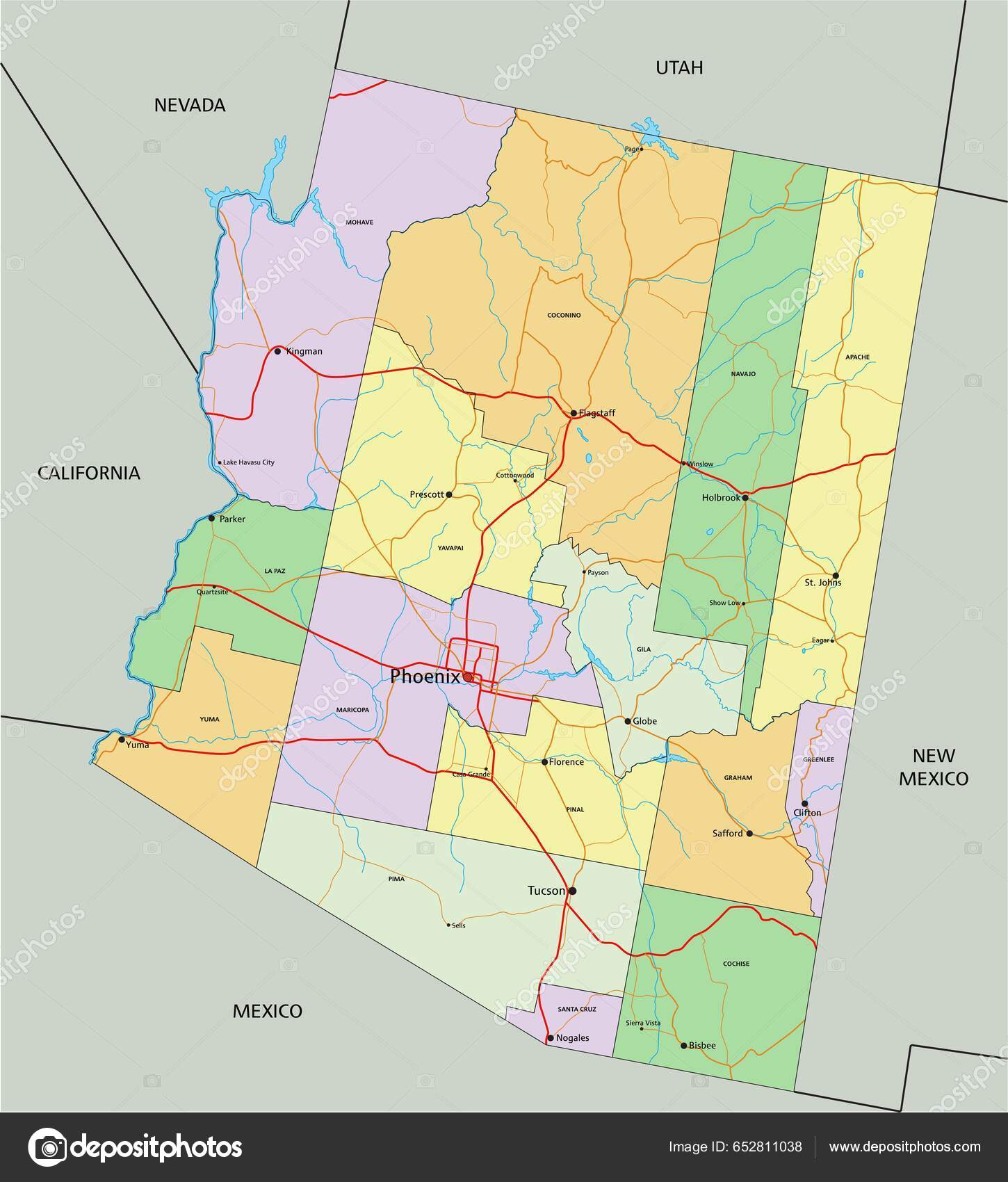 Arizona Mapa Político Editable Altamente Detallado Con Etiquetado ...