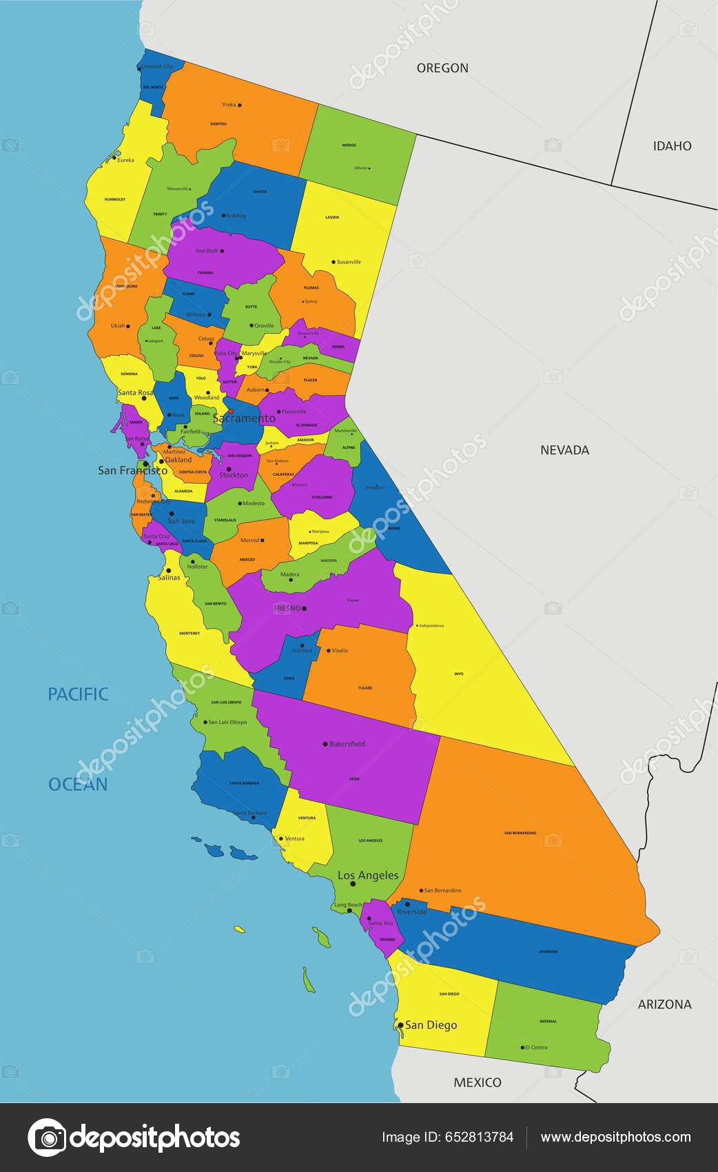 Farverige Californiske Politiske Kort Med Tydeligt Mærket Adskilte Lag ...