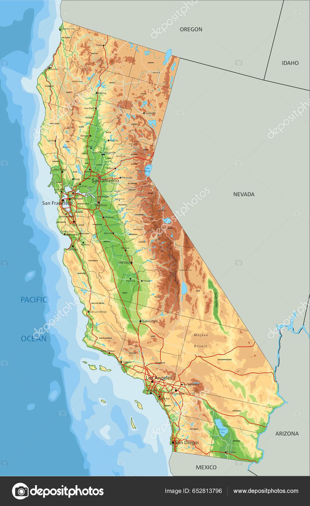 High Detailed California Physical Map Labeling Stock Vector by ...
