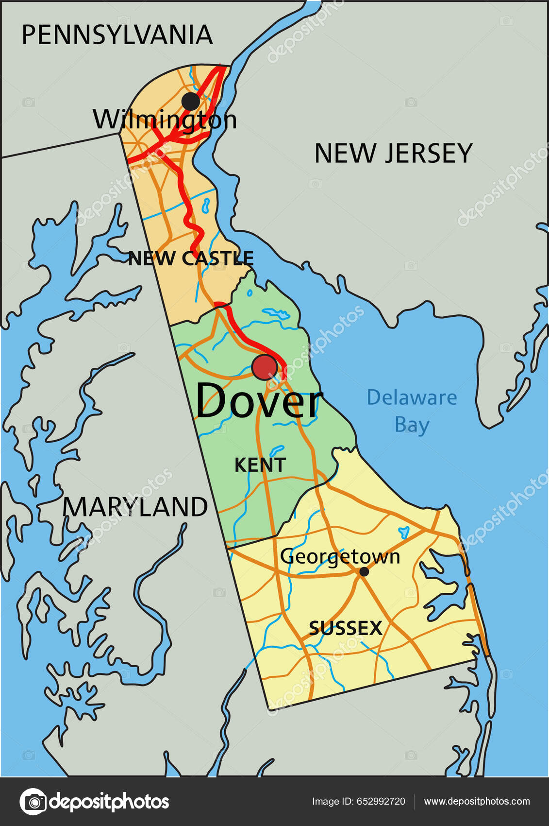 Delaware Mapa Político Editable Altamente Detallado Con Etiquetado ...
