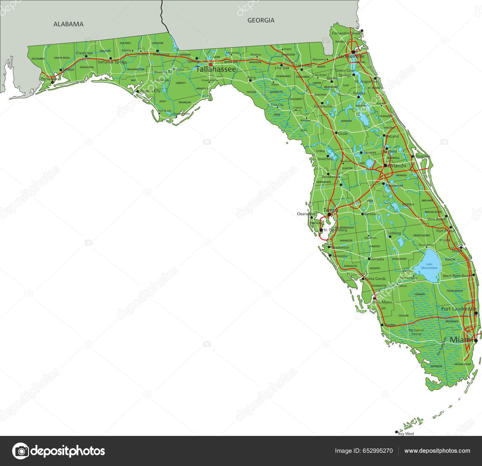 Alto Mapa Físico Detallado Florida Con Etiquetado Vector de stock por ...