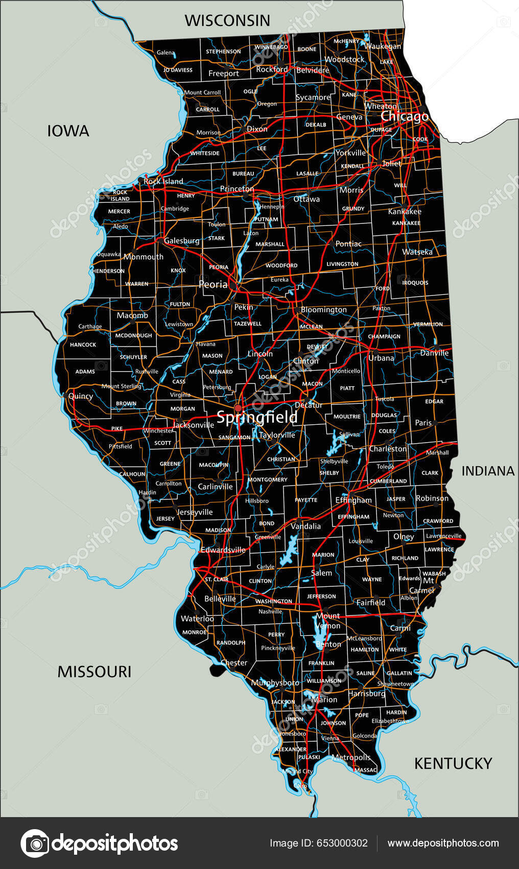 Carte Routière Détaillée L'illinois Avec Étiquetage Stock Vector by ...