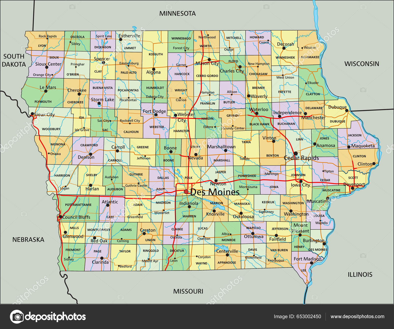 Iowa Highly Detailed Editable Political Map Labeling Stock Vector by ...