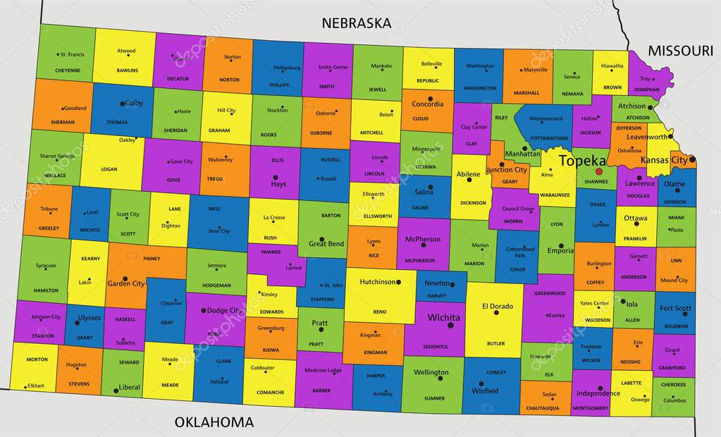 Colorido mapa político de Kansas con capas claramente etiquetadas y ...
