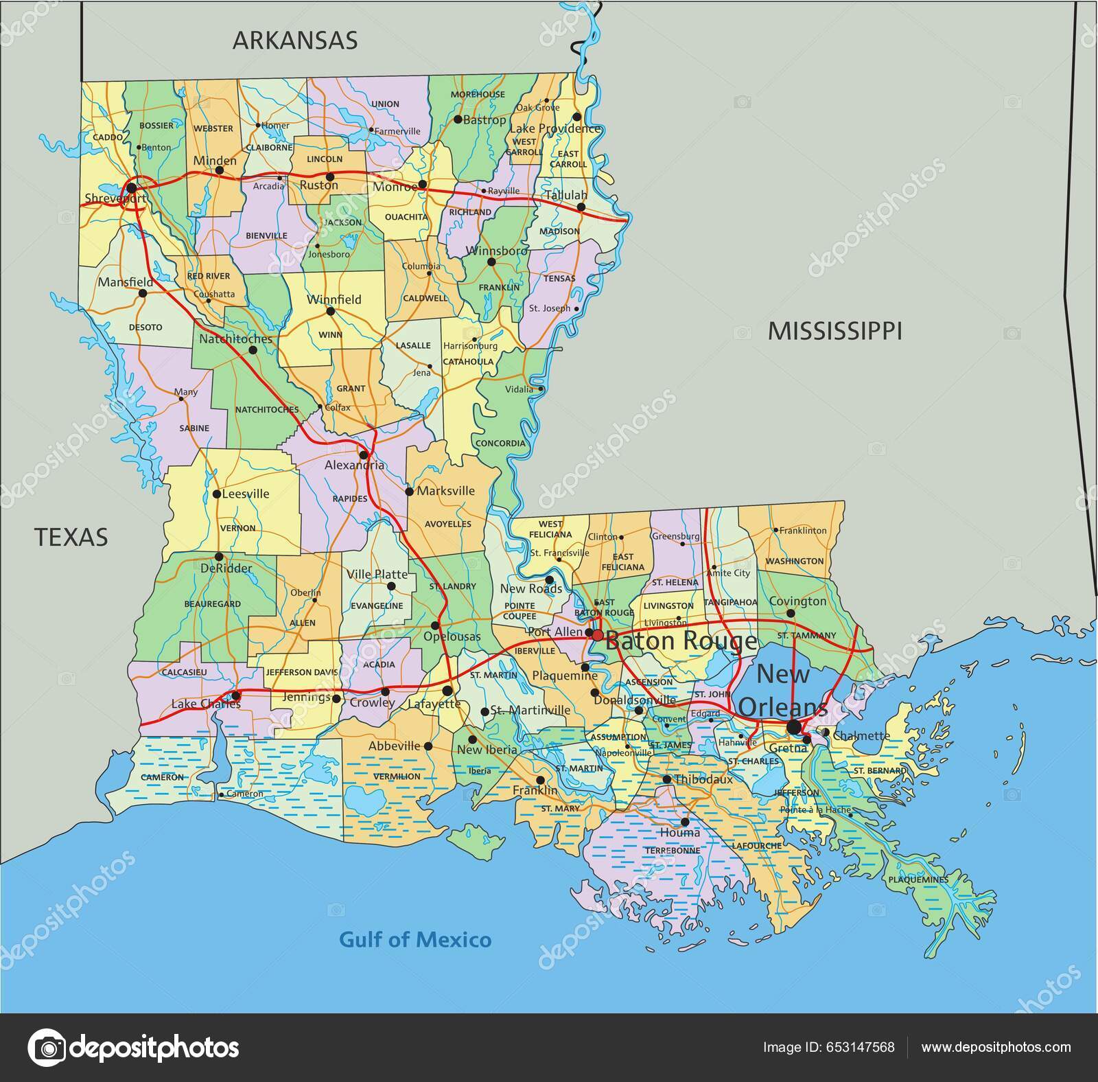 Image vectorielle Louisiane Carte Politique Éditable Très Détaillée ...