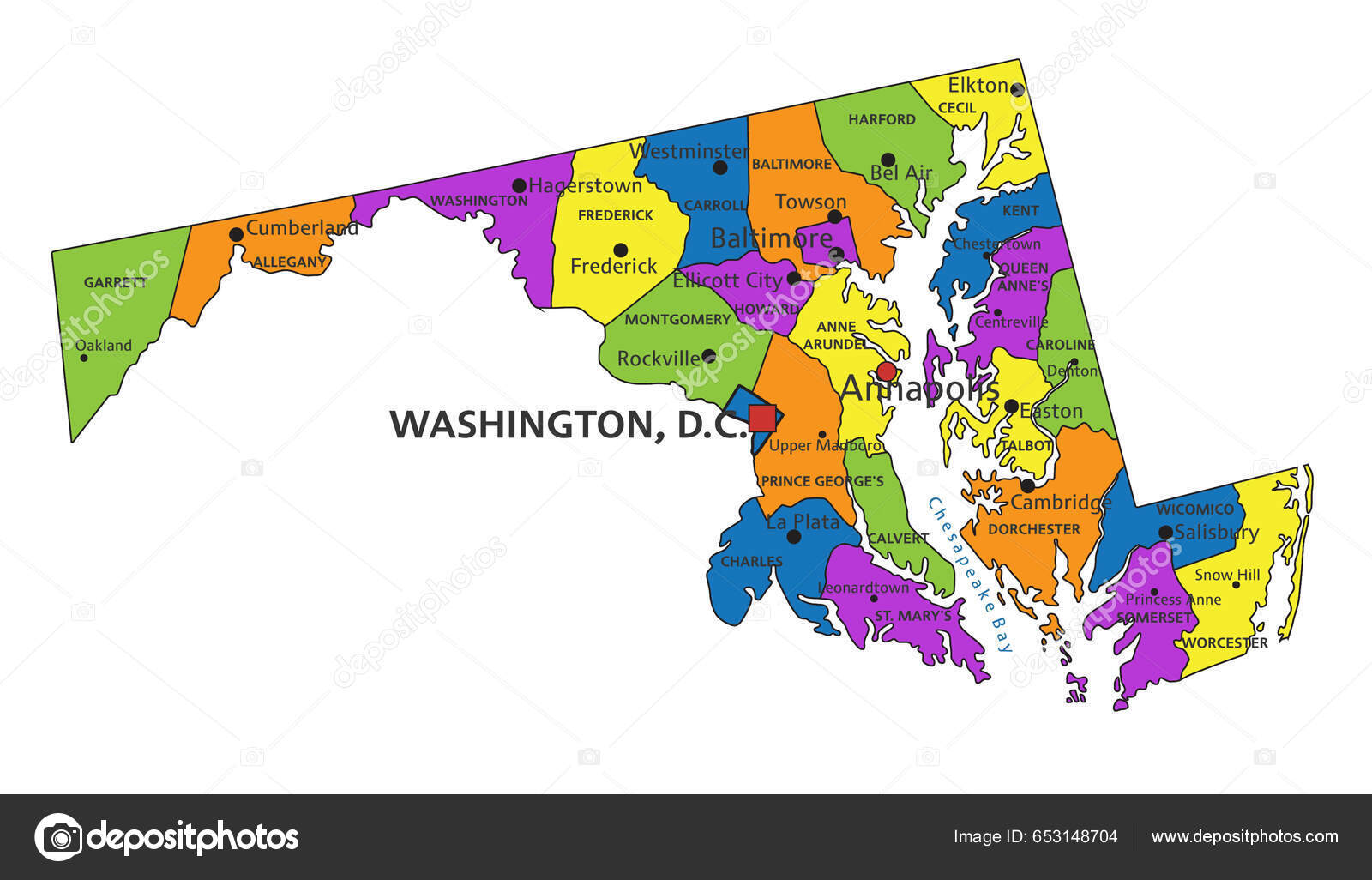 Colorido Mapa Político Maryland Con Capas Claramente Etiquetadas ...