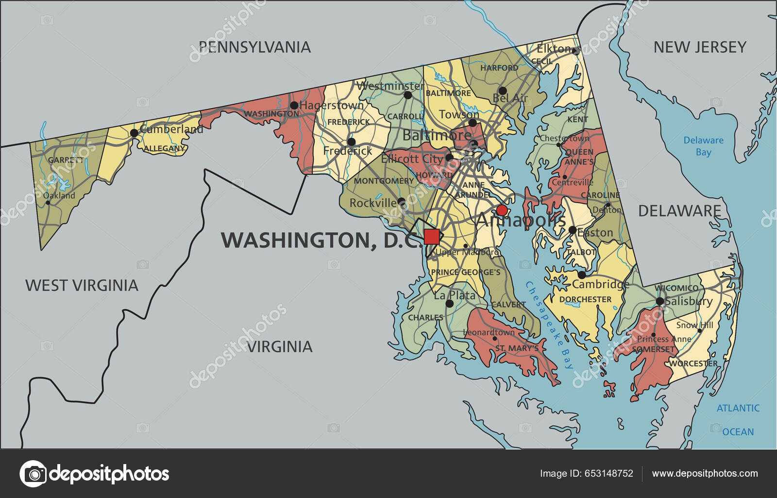 Maryland Mapa Político Editável Altamente Detalhado Com Rotulagem Vetor ...