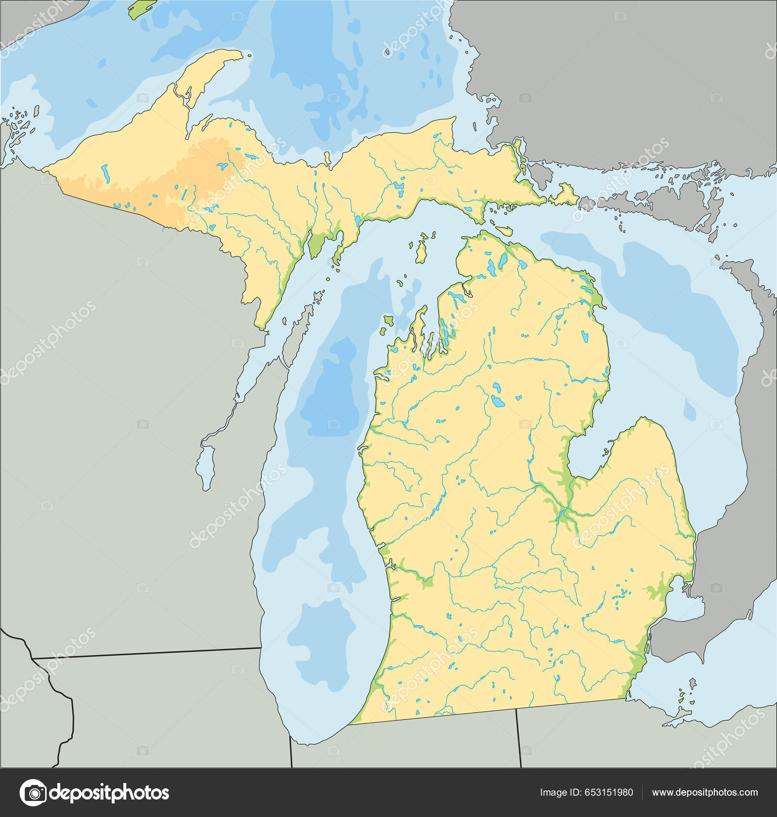 High Detailed Michigan Physical Map Stock Vector by ©delpieroo 653151980
