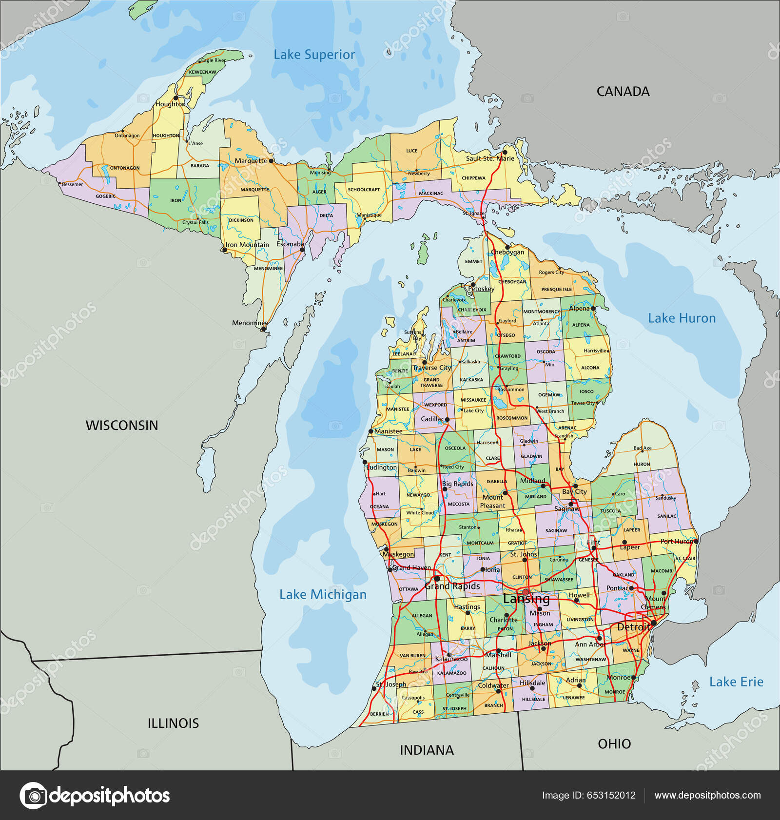 Michigan Mapa Político Editable Altamente Detallado Con Etiquetado ...