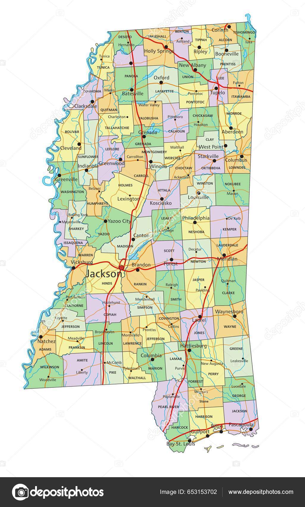Mississippi Mapa Político Editável Altamente Detalhado Com Rotulagem ...