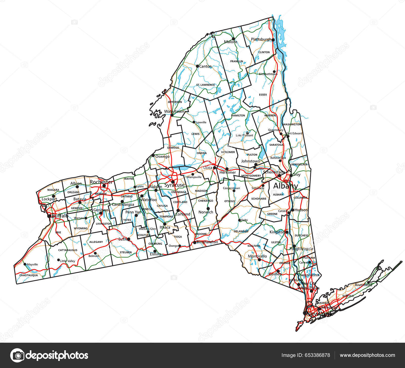 Hoja Ruta Detallada Nueva York Con Etiquetado Vector de stock ...