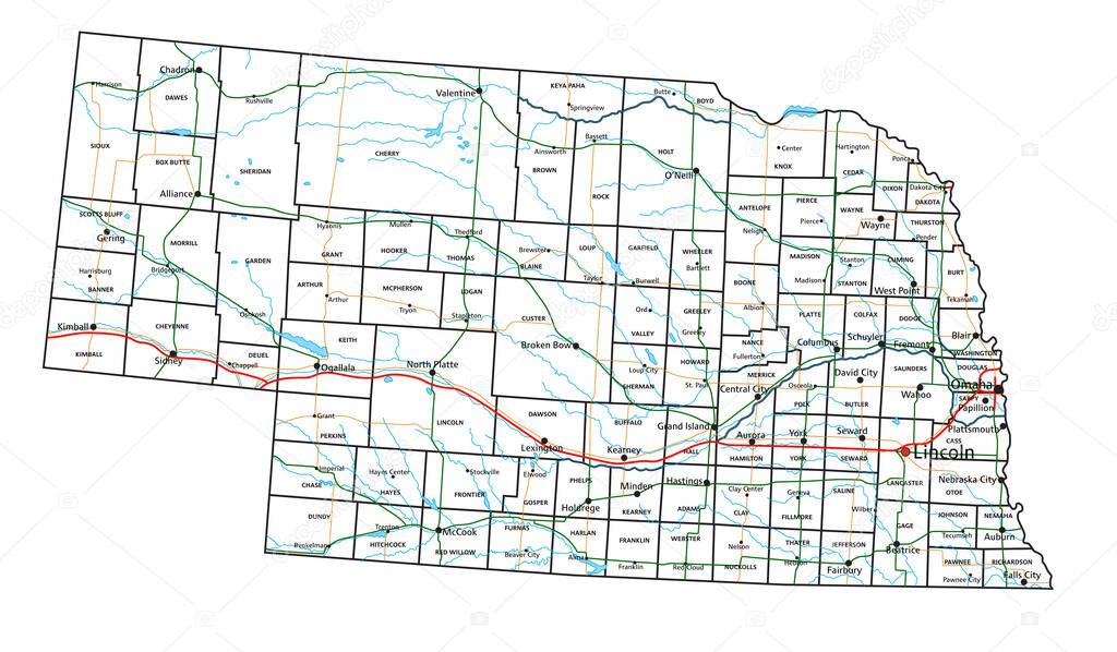 Nebraska road and highway map. Ilustración vectorial. 2023