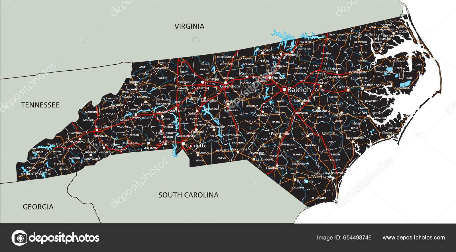 High Detailed North Carolina Road Map Labeling Stock Vector by ...