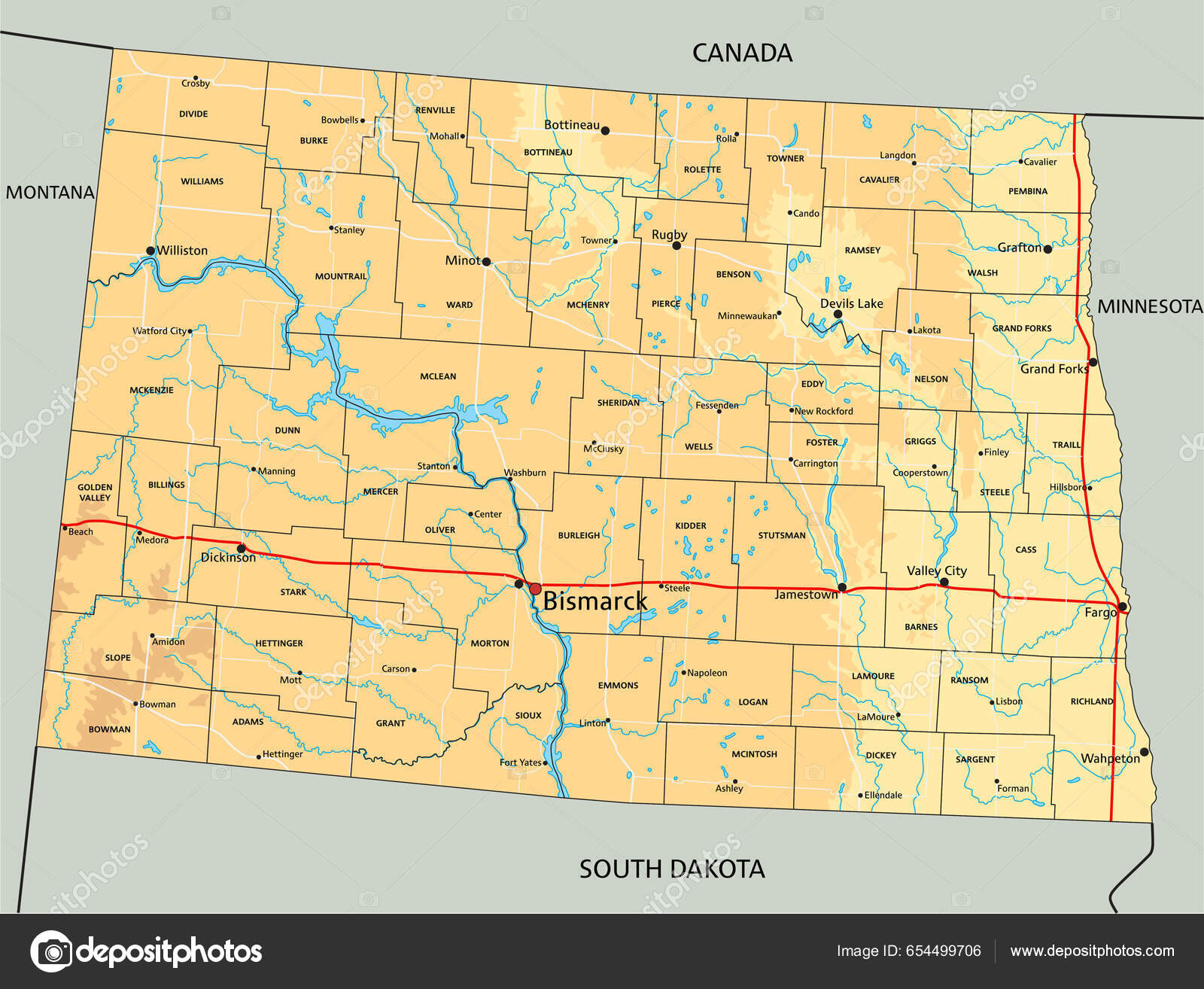 Highly Detailed North Dakota Physical Map Labeling Stock Vector by ...