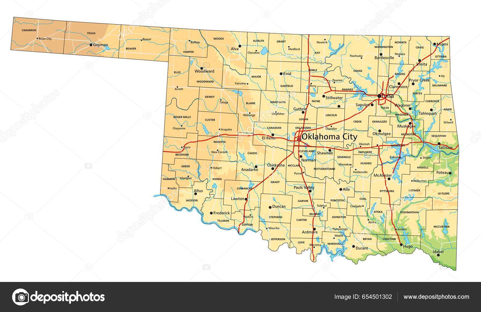 Alto Mapa Físico Detallado Oklahoma Con Etiquetado Vector de stock por ...
