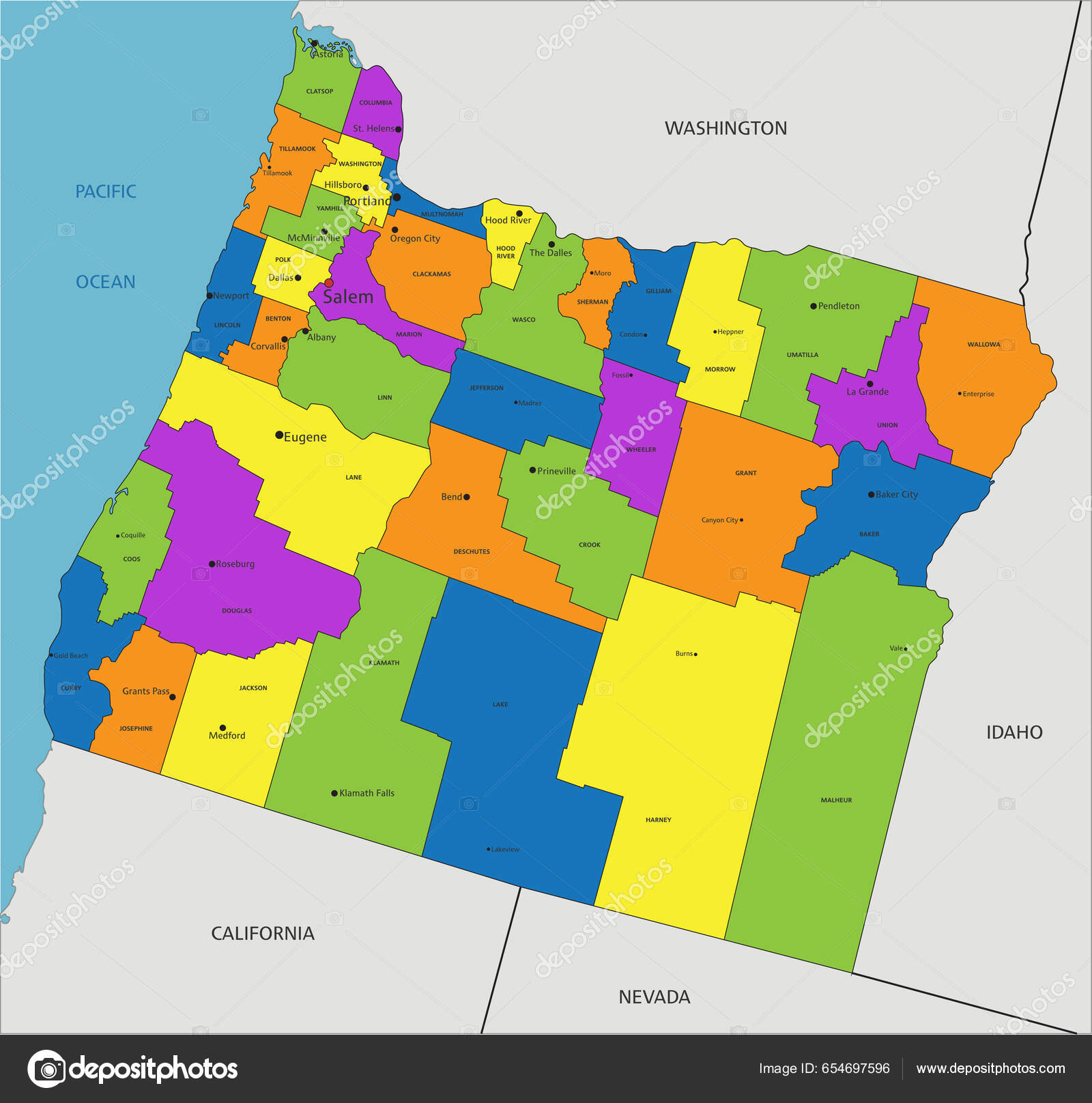 Mapa Político Colorido Oregon Com Camadas Claramente Rotuladas ...