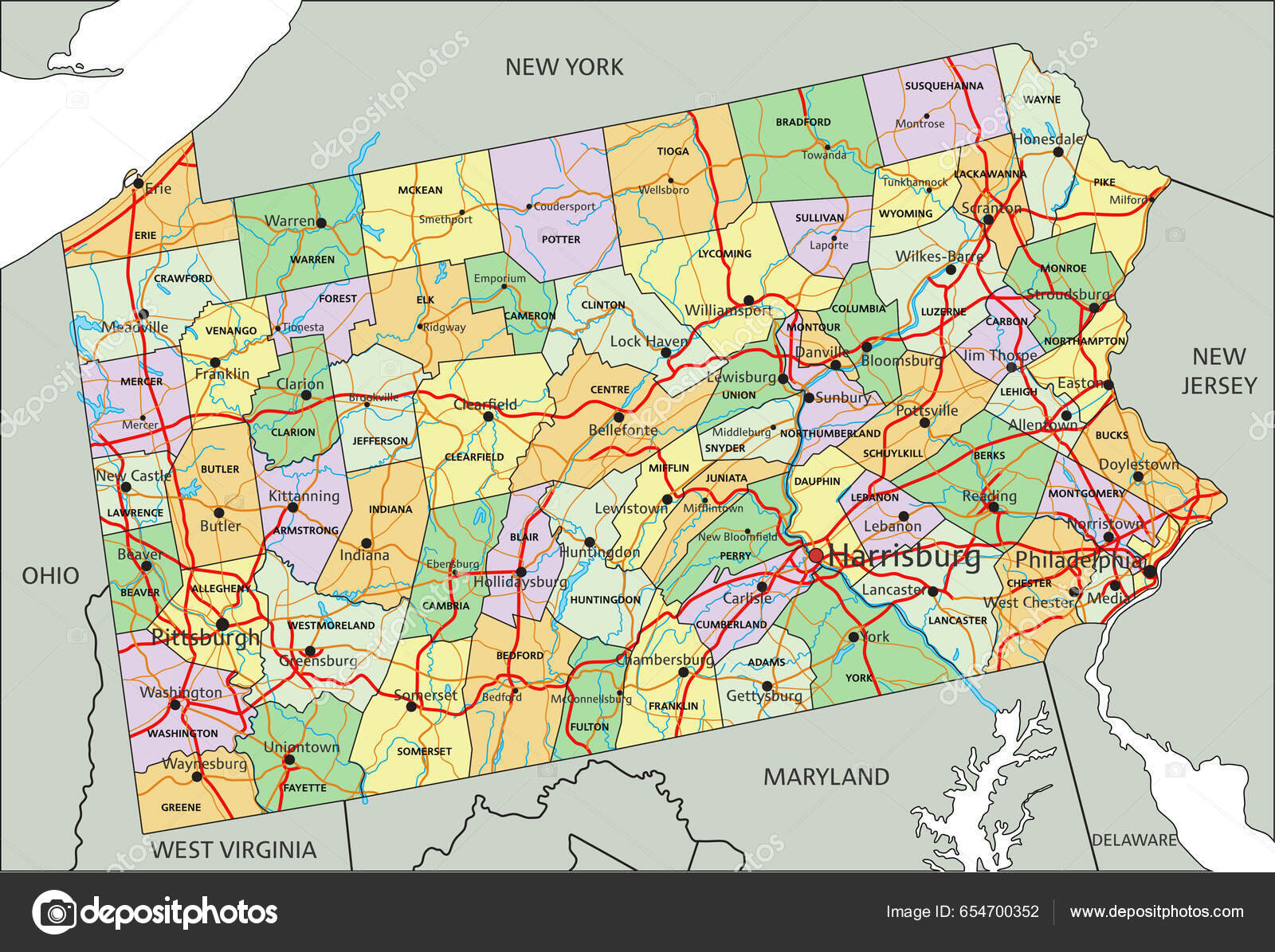 Pennsylvania Highly Detailed Editable Political Map Labeling Stock ...