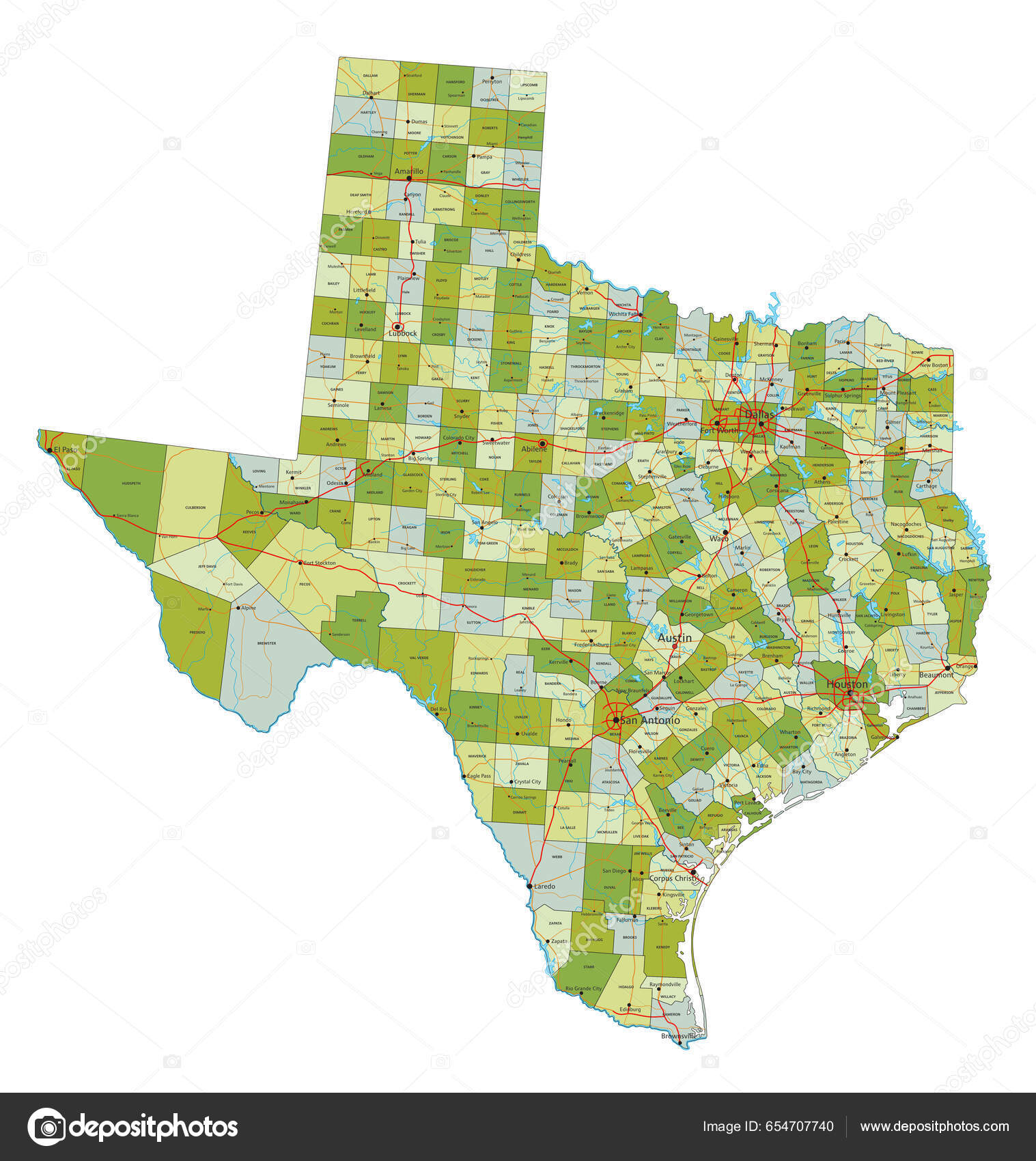 Highly Detailed Editable Political Map Separated Layers Texas Stock ...