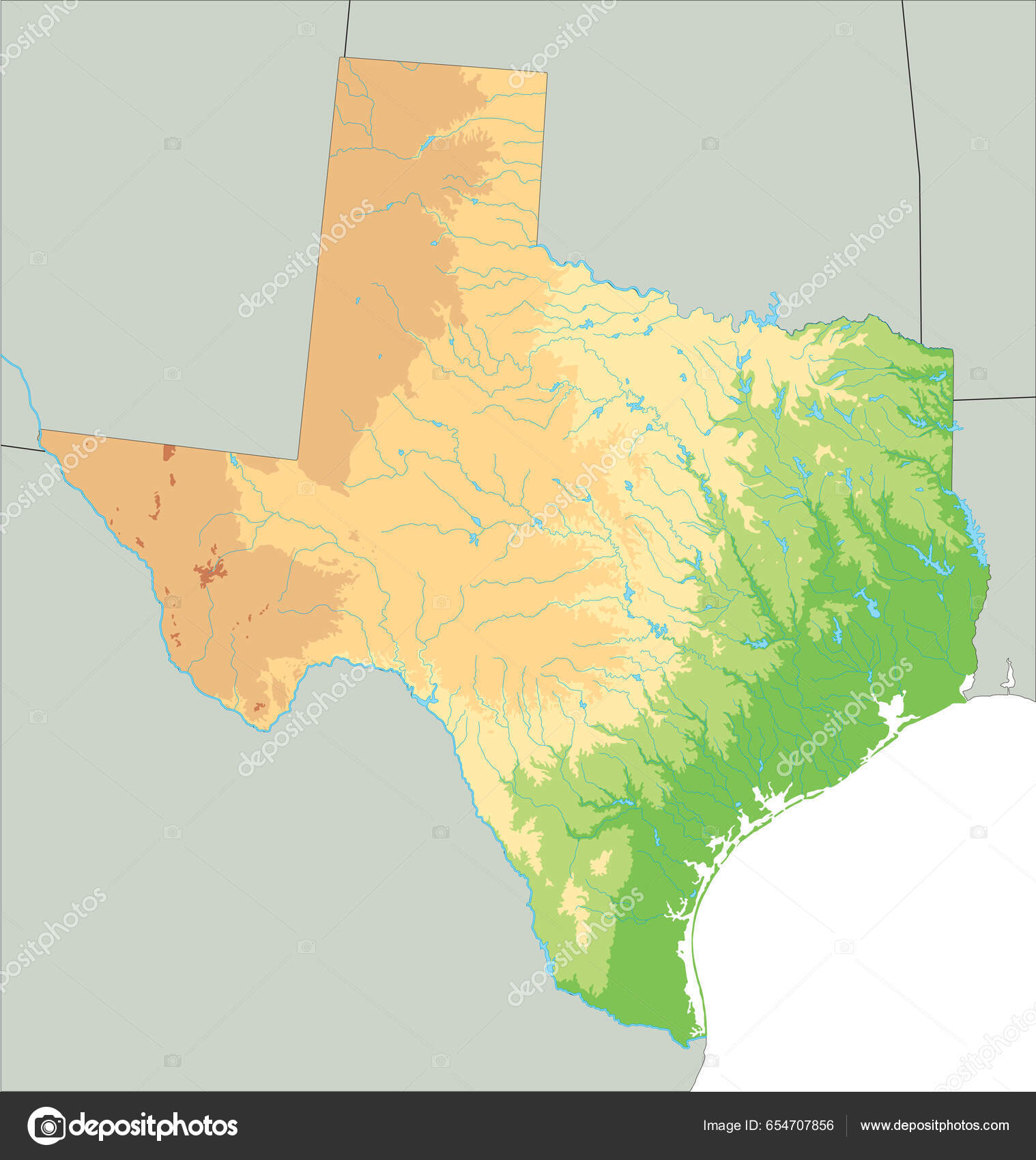 Mapa Físico Detallado Texas Vector de stock por ©delpieroo 654707856