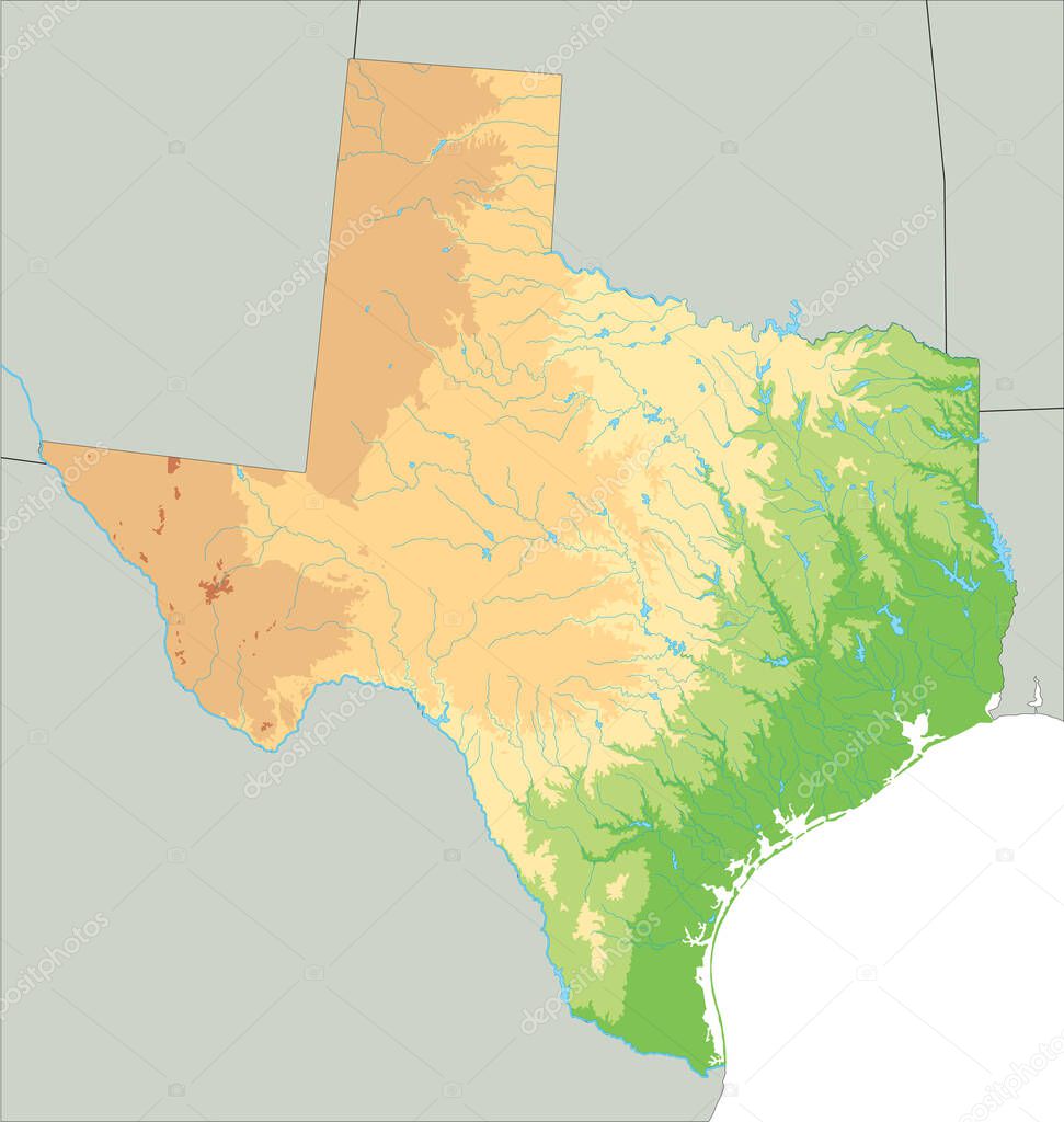 Mapa Físico Detallado Texas Vector de stock por ©delpieroo 654707856