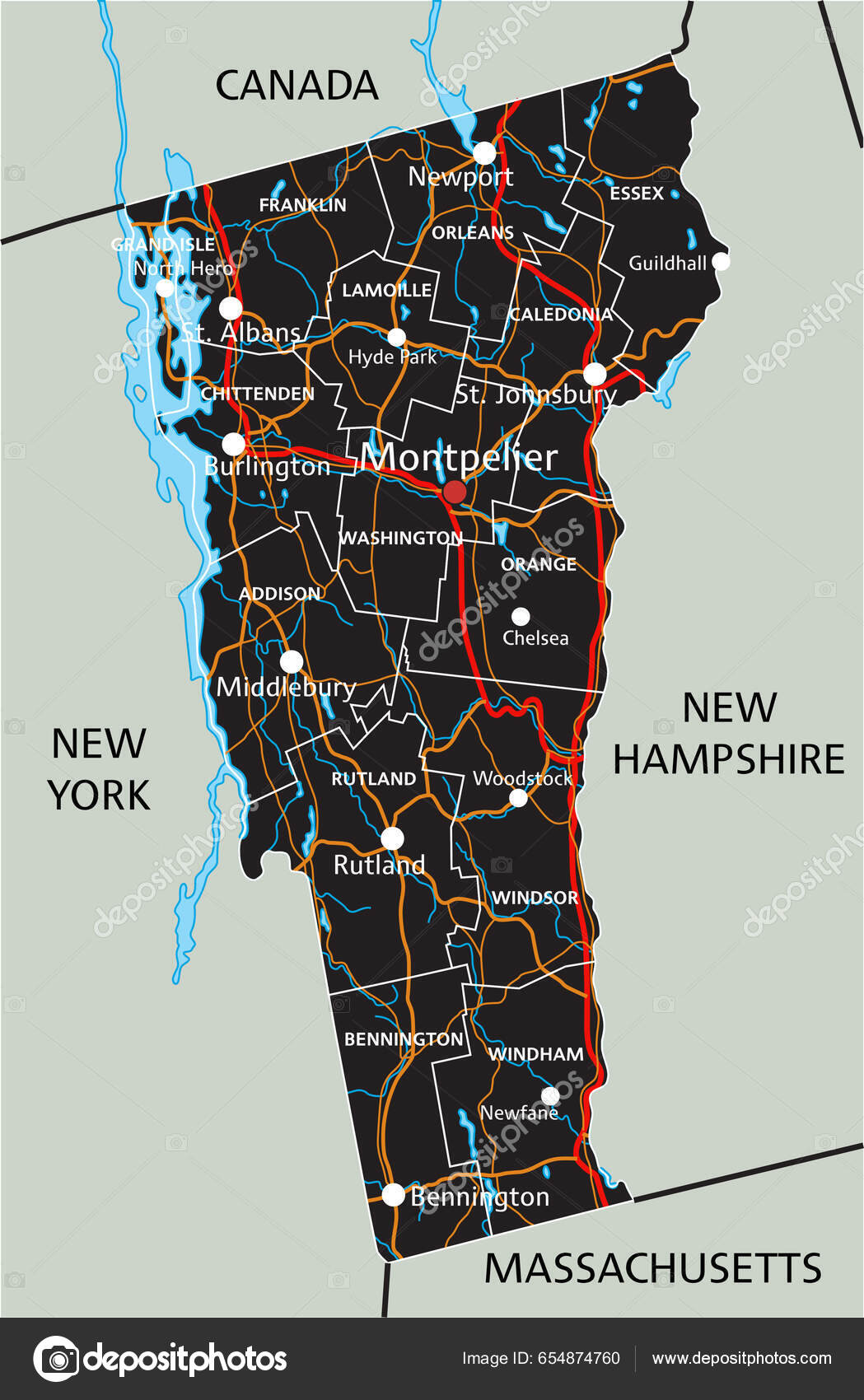 High Detailed Vermont Road Map Labeling Stock Vector by ©delpieroo ...