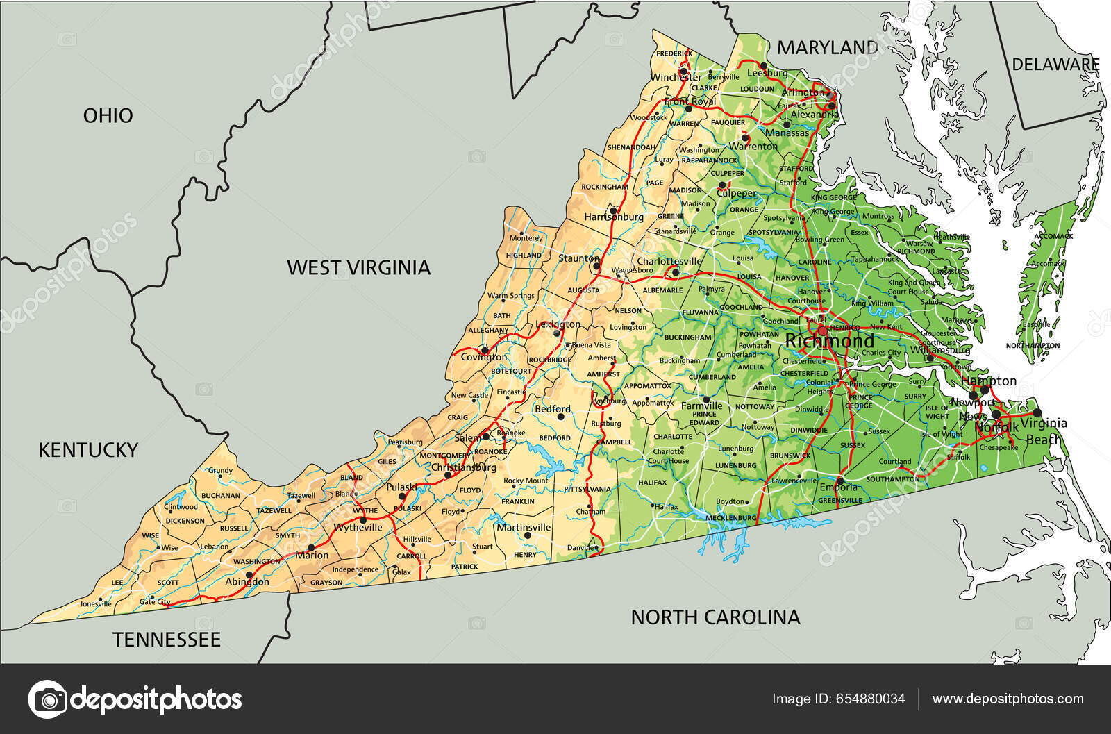 High Detailed Virginia Physical Map Labeling Stock Vector by ©delpieroo ...