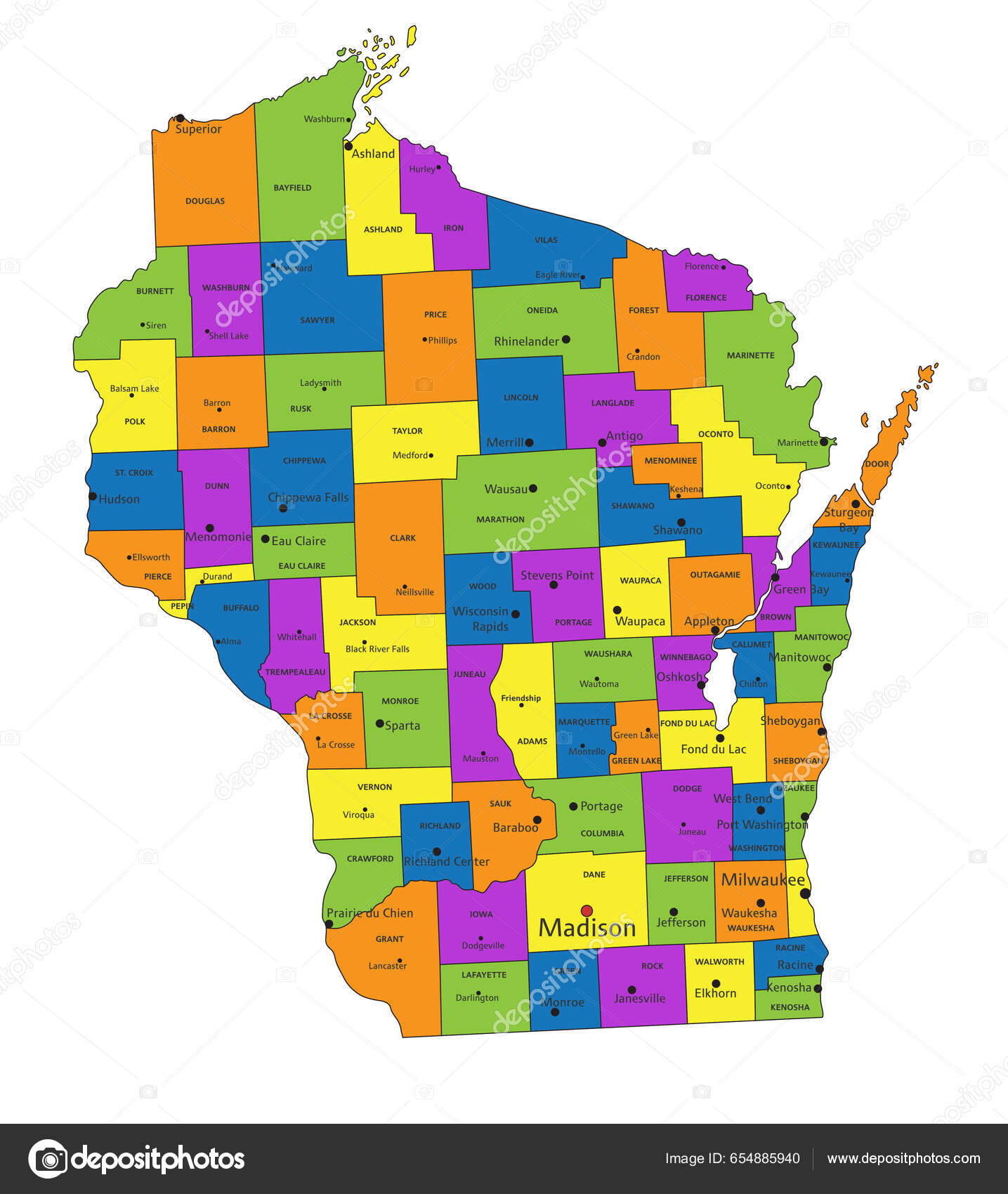 Mapa Político Colorido Wisconsin Com Camadas Claramente Rotuladas ...