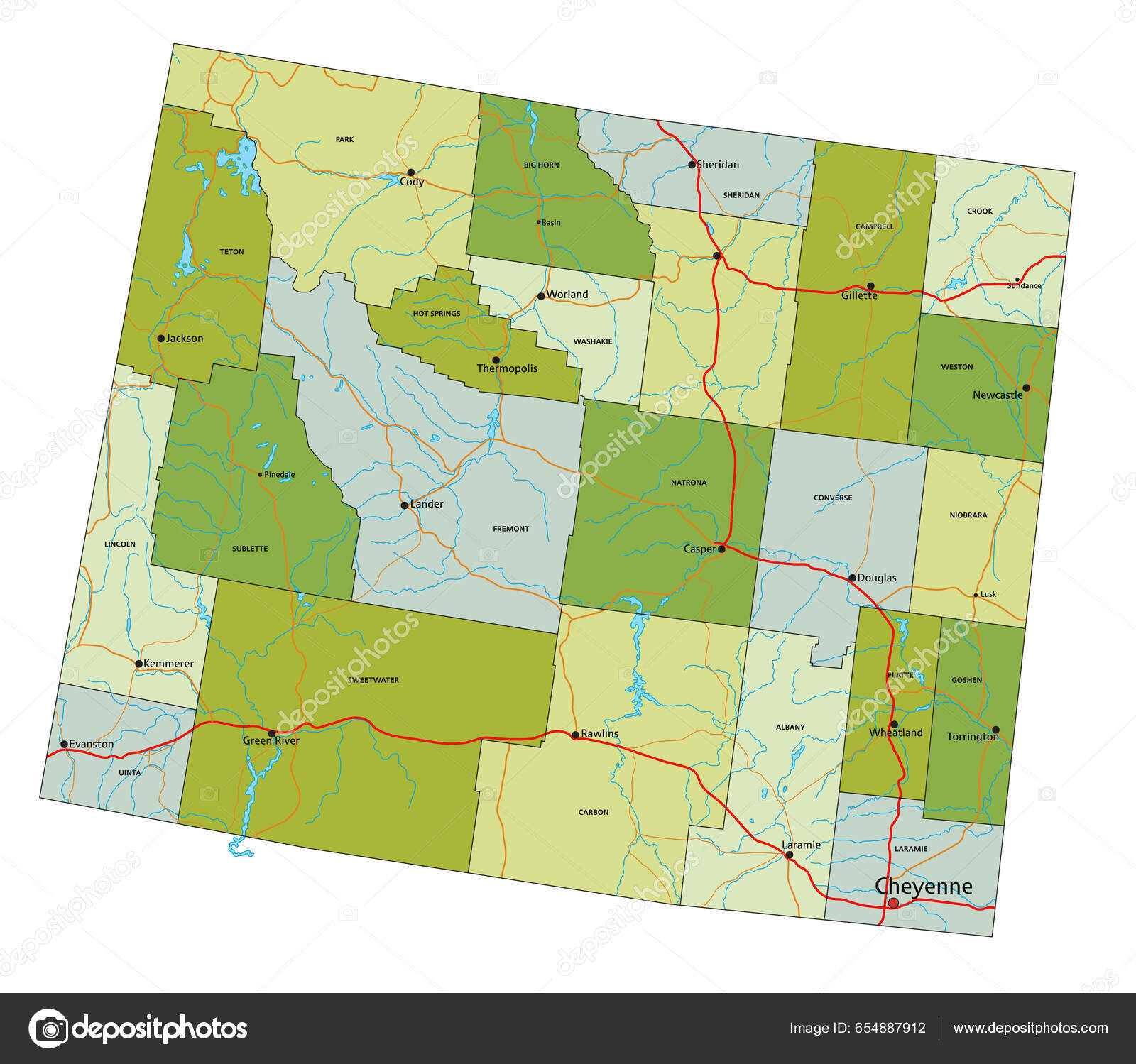 Highly Detailed Editable Political Map Separated Layers Wyoming Stock ...